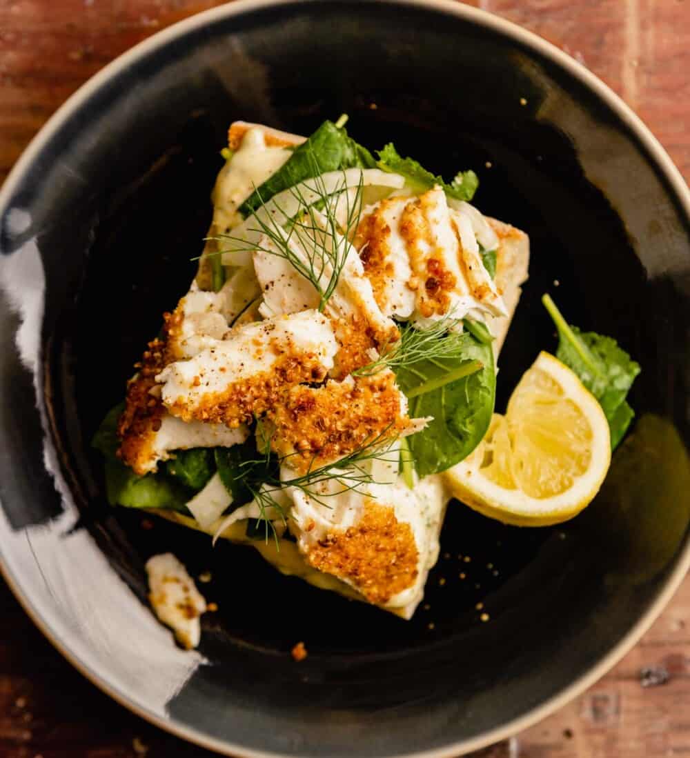 Coriander-Crusted Halibut Toast with Fennel Aioli